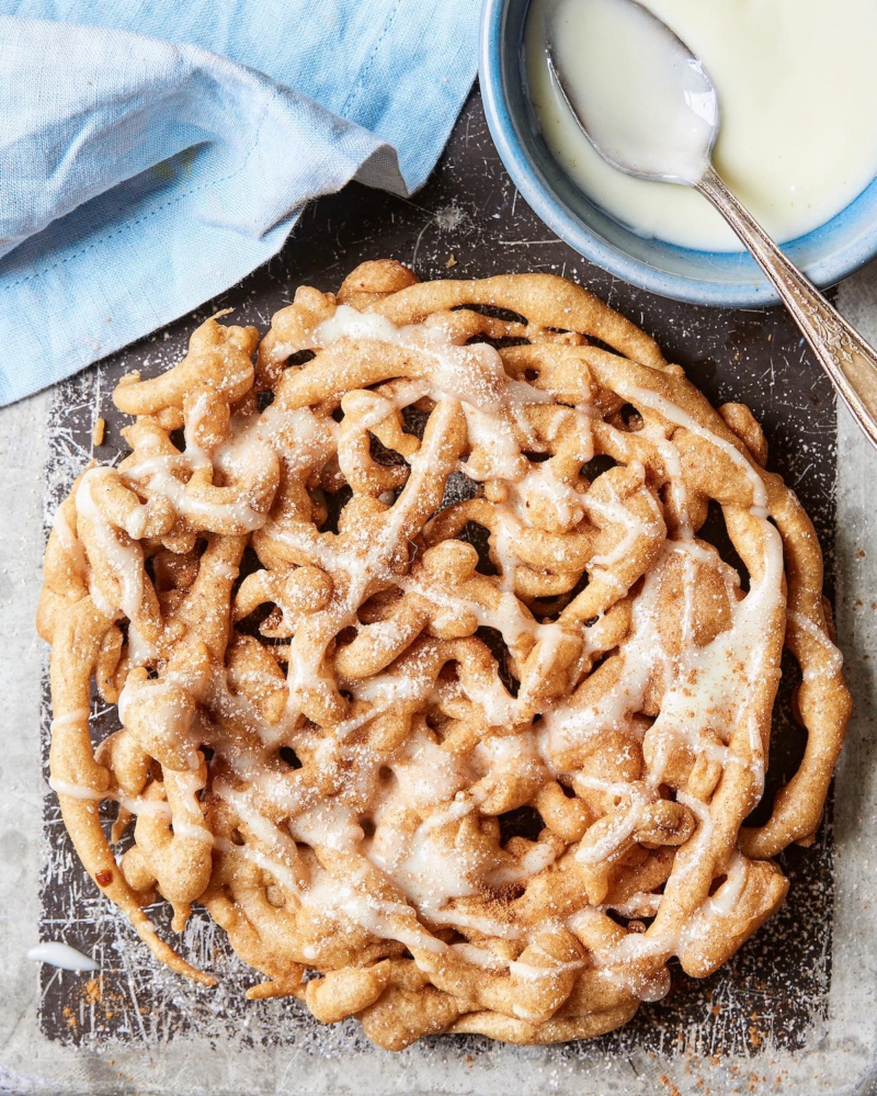 Cinnamon Roll Funnel Cake With Cream Cheese Frosting | Dessert | Eitan ...